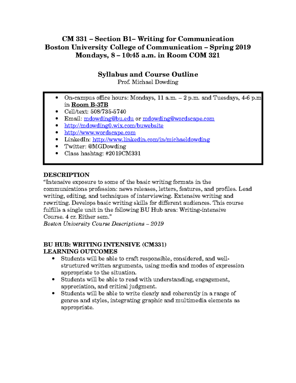 CM 331 - B1 - Syllabus - Spring 2019 - CM 331 Section Writing for ...