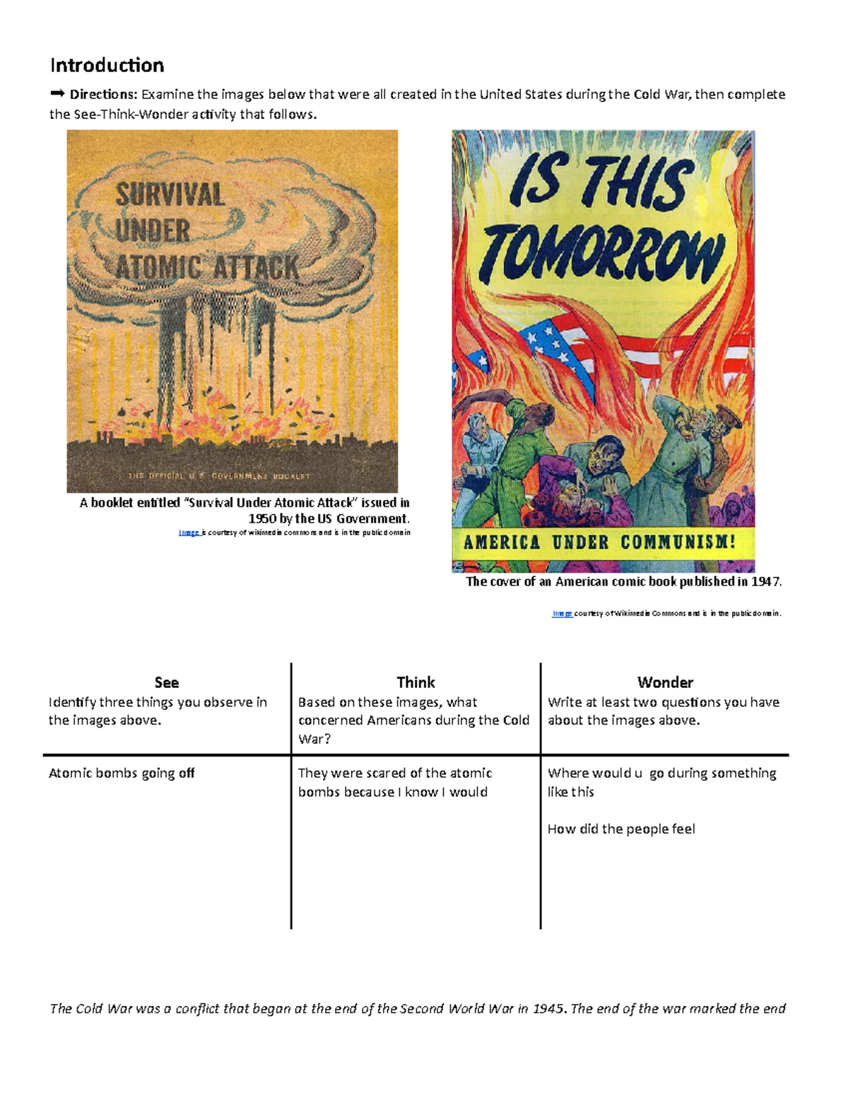 Cold War Worksheet 2 - classwork - Introduction Directions: Examine the ...