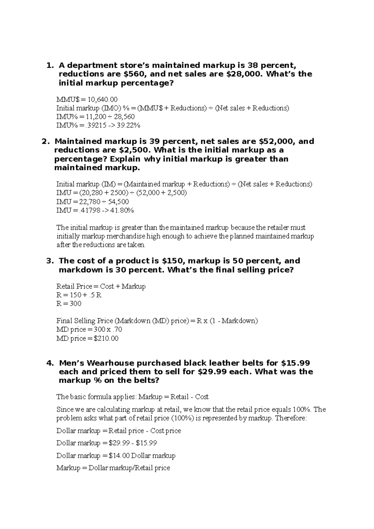 Math excercise key 2022 - 1. A department store’s maintained markup is ...