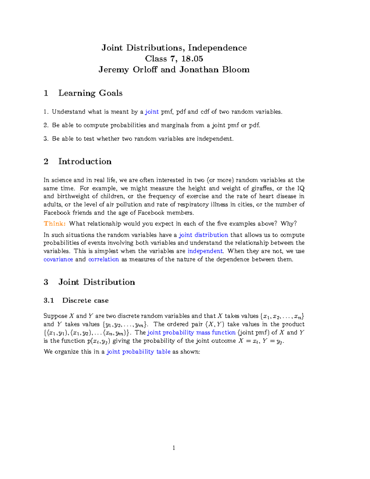 7a Joint Distributions, Independence - Joint Distributions ...