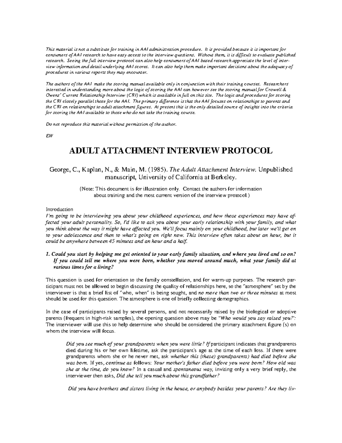 Adult attachement interveiw protocol for psychodynamic trainees - This ...