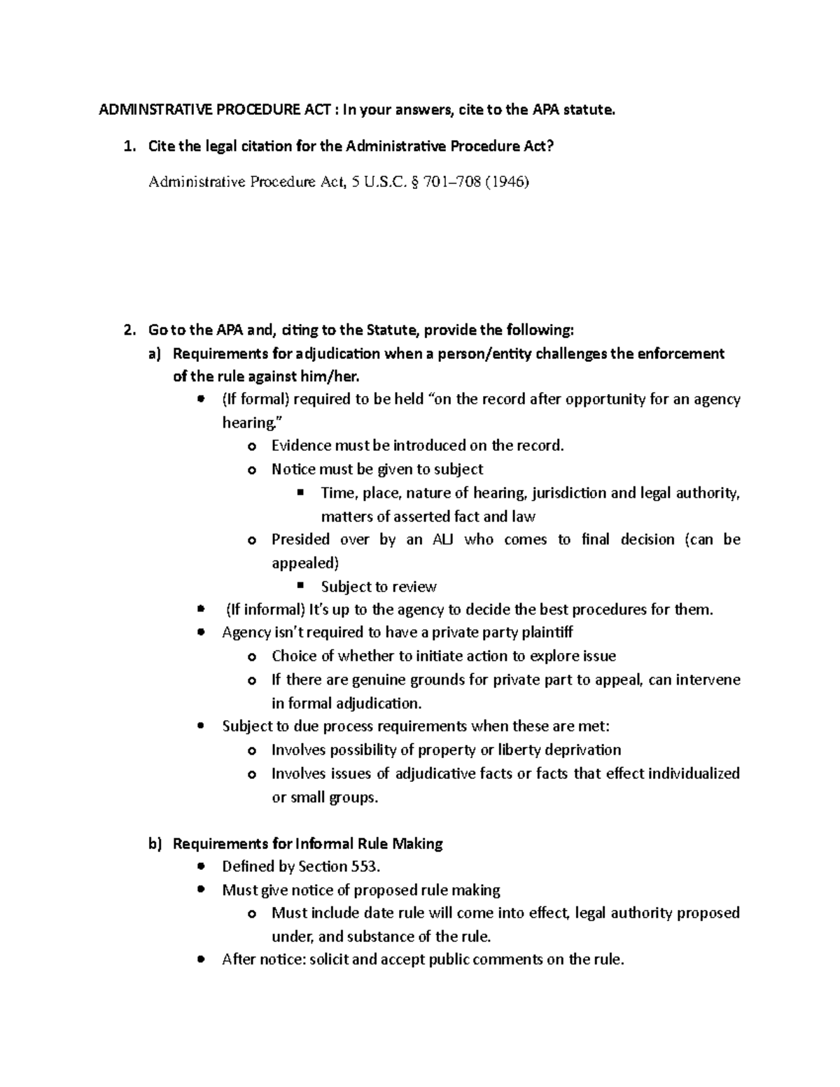 APA Assignment - ADMINSTRATIVE PROCEDURE ACT : In your answers, cite to ...