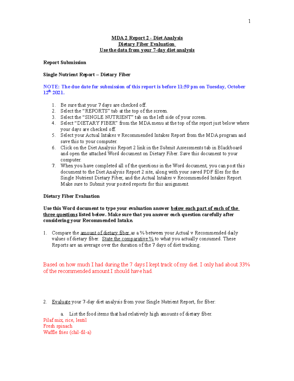 Diet Analysis Report 2 Dietary Fiber -Qiana Torres - 1 MDA 2 Report 2 ...