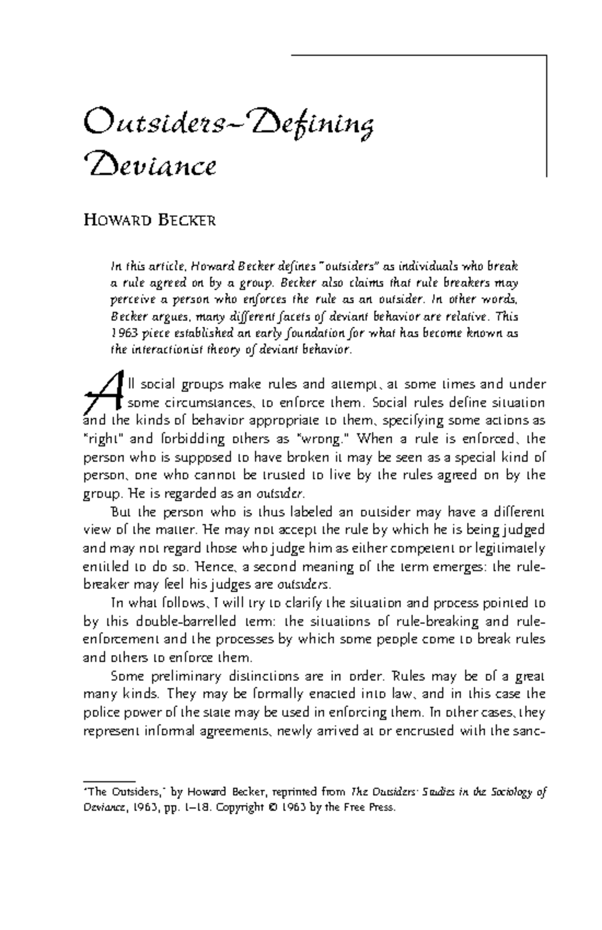 Becker - outsiders - Outsiders—Defining Deviance HOWARD BECKER In this ...