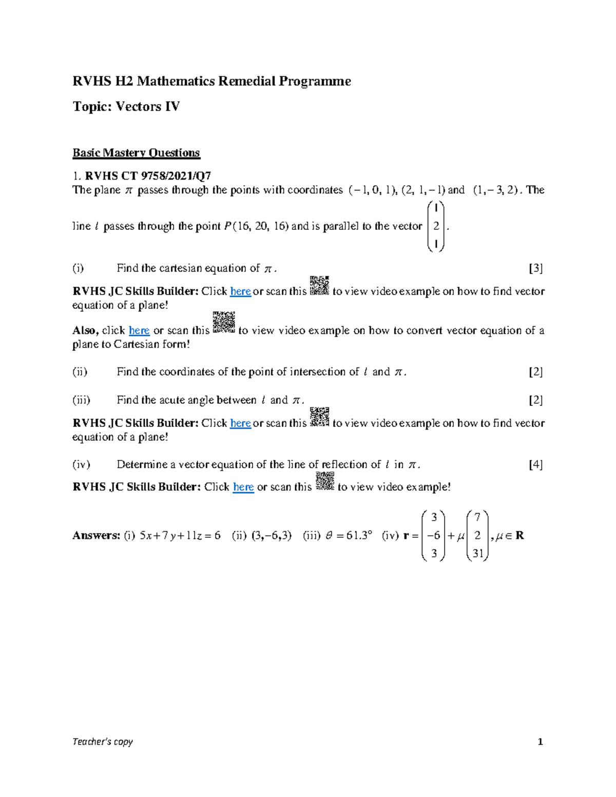 H2MA Remedial Vectors IV (RVHS) - Teacher’s copy 1 RVHS H2 Mathematics ...