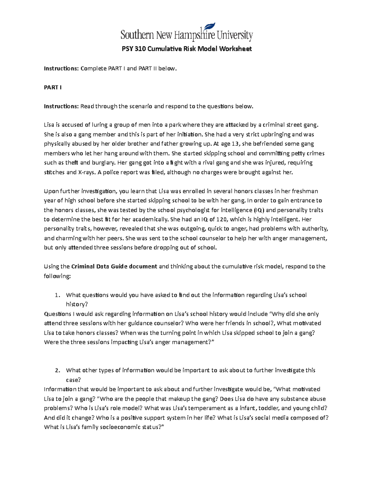 PSY 310 Cumulative Risk Model Worksheet (1) - PSY 310 Cumulative Risk ...