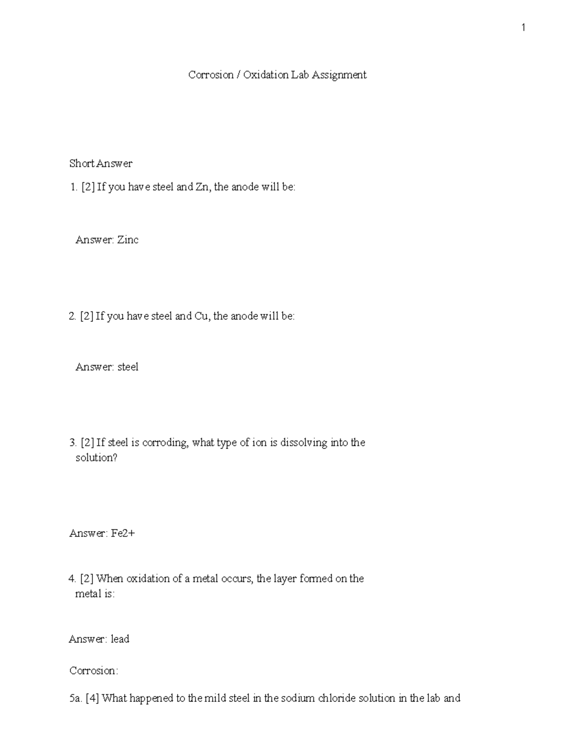 Corrosion Oxidation Lab Assignment - Corrosion / Oxidation Lab ...