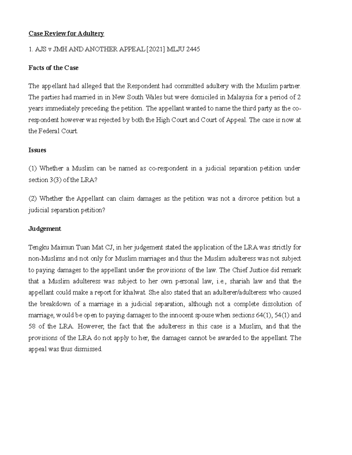 Case Review 1 for Adultery - Case Review for Adultery AJS v JMH AND ...