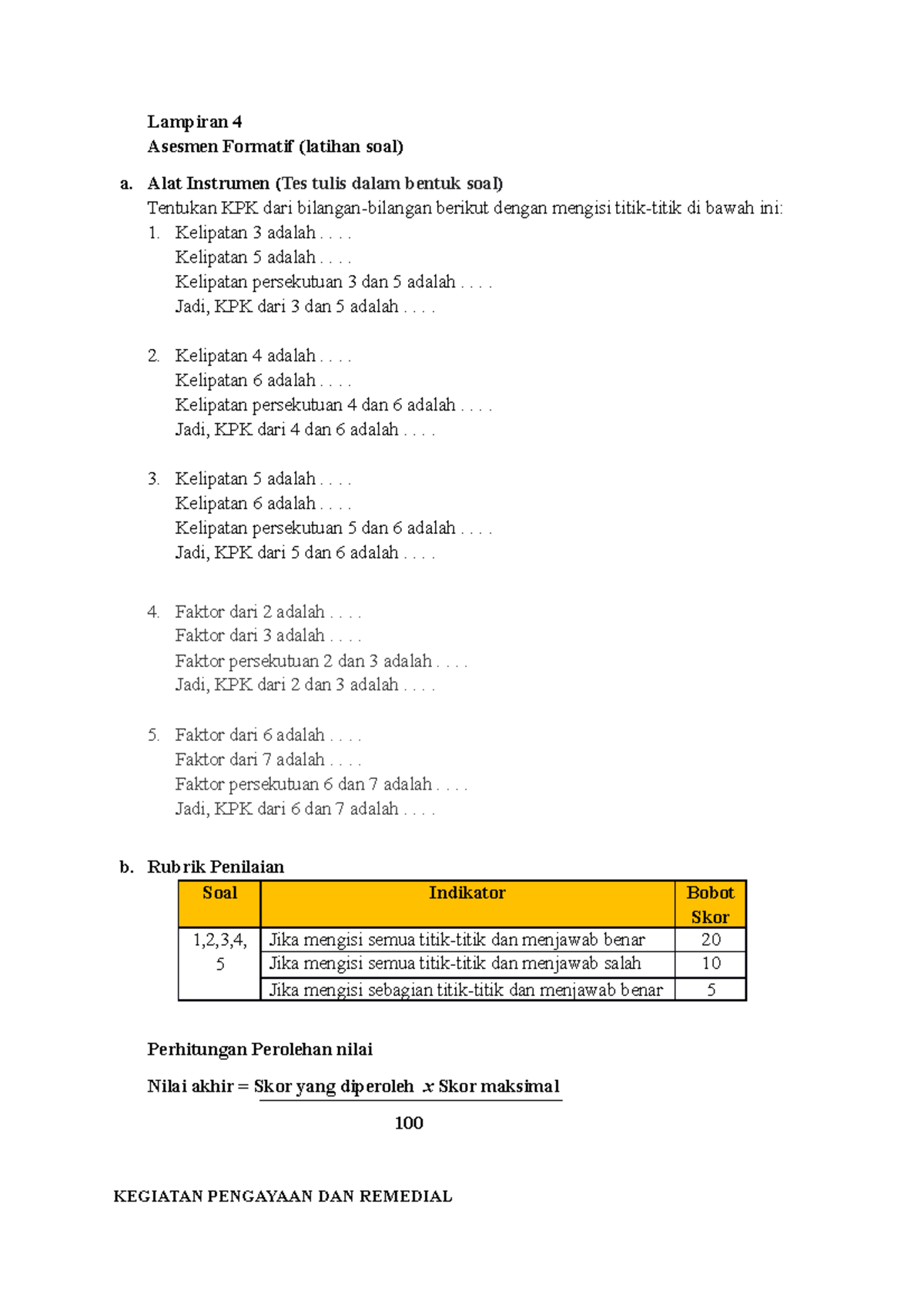 Lampiran 4 ( Penilaian) 1 - Lampiran 4 Asesmen Formatif (latihan soal ...
