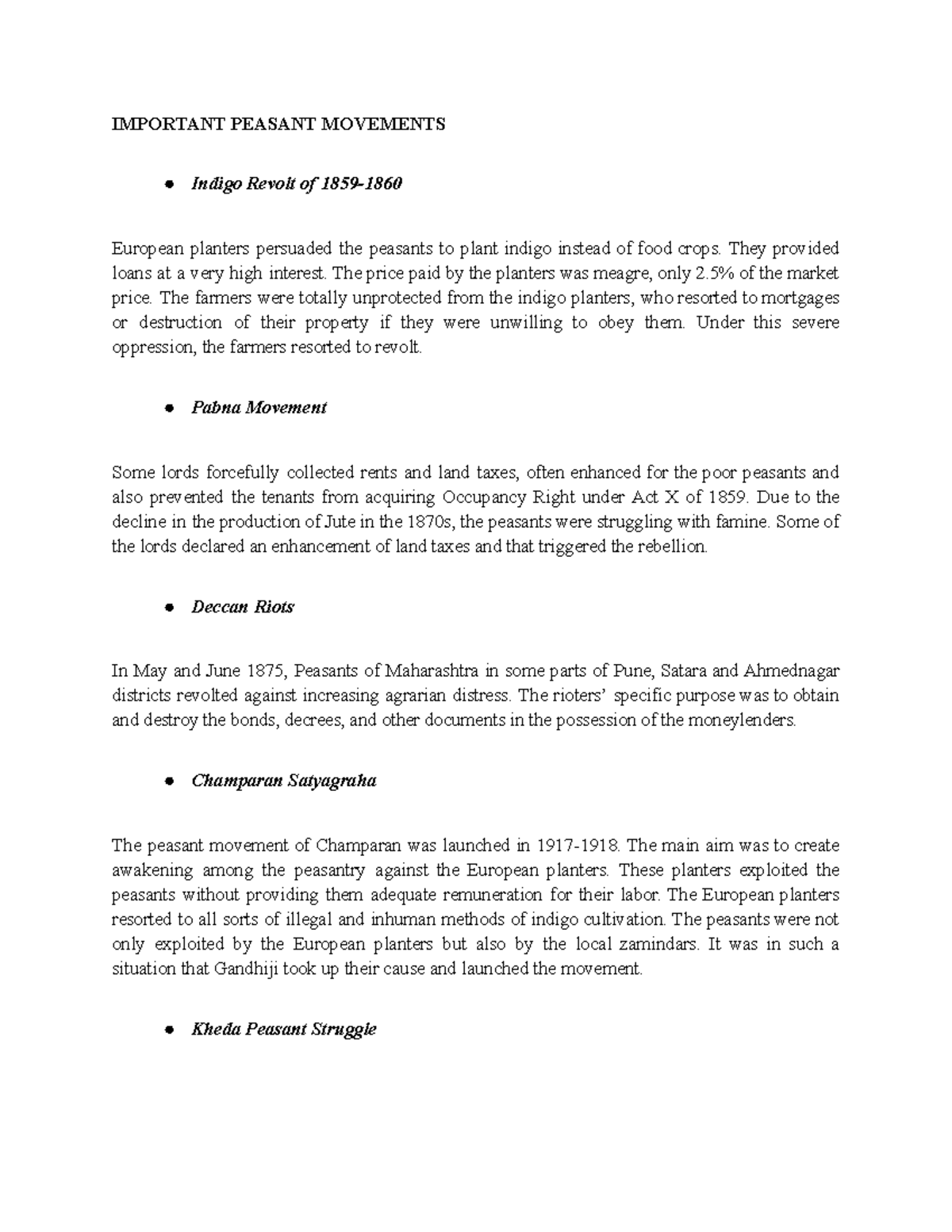 Important Peasant Movements - IMPORTANT PEASANT MOVEMENTS Indigo Revolt ...