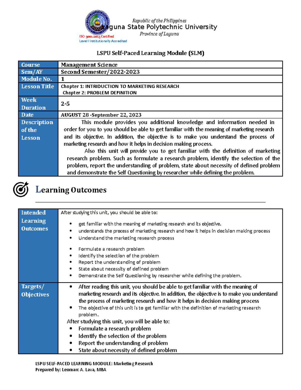 LAVA Marketing Research Module 1 wk 1-5 - Laguna State Polytechnic ...