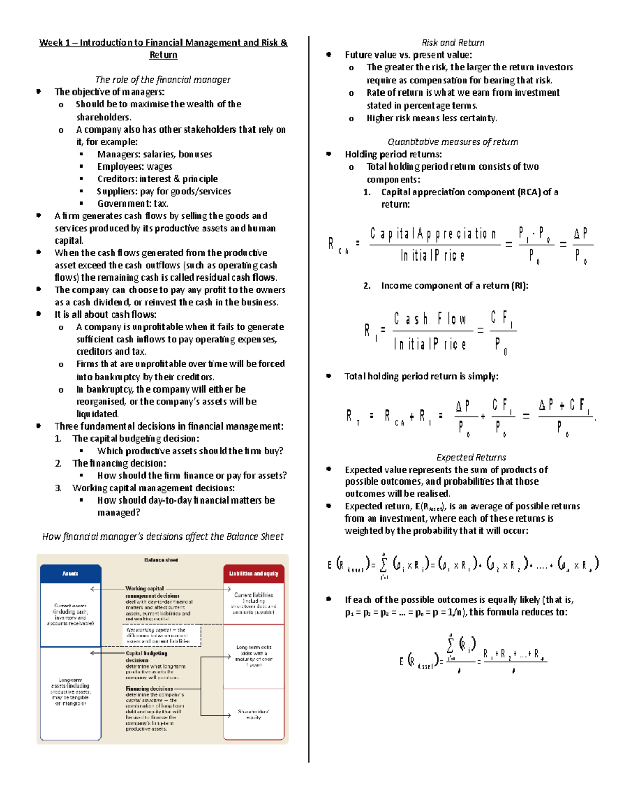 AFIN Notes - Week 1 – Introduction to Financial Management and Risk ...