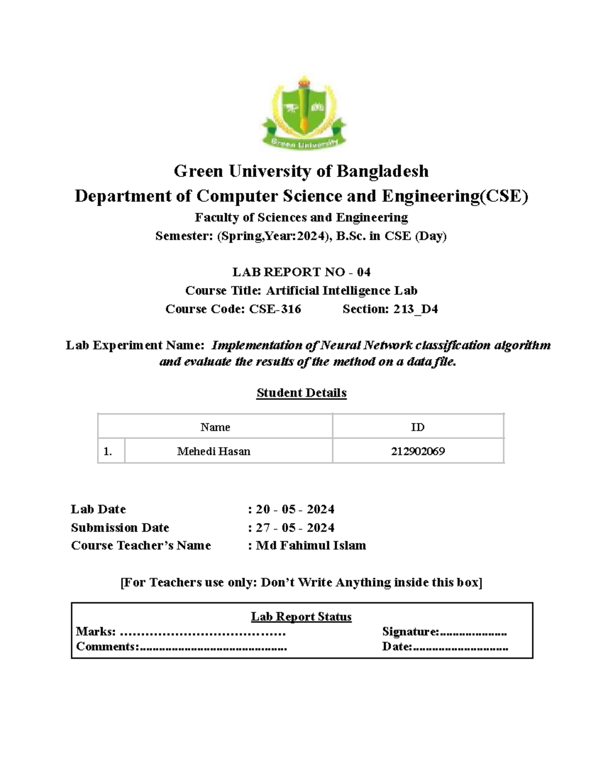 AI lab 4 - Implementation of Neural Network classification algorithm ...