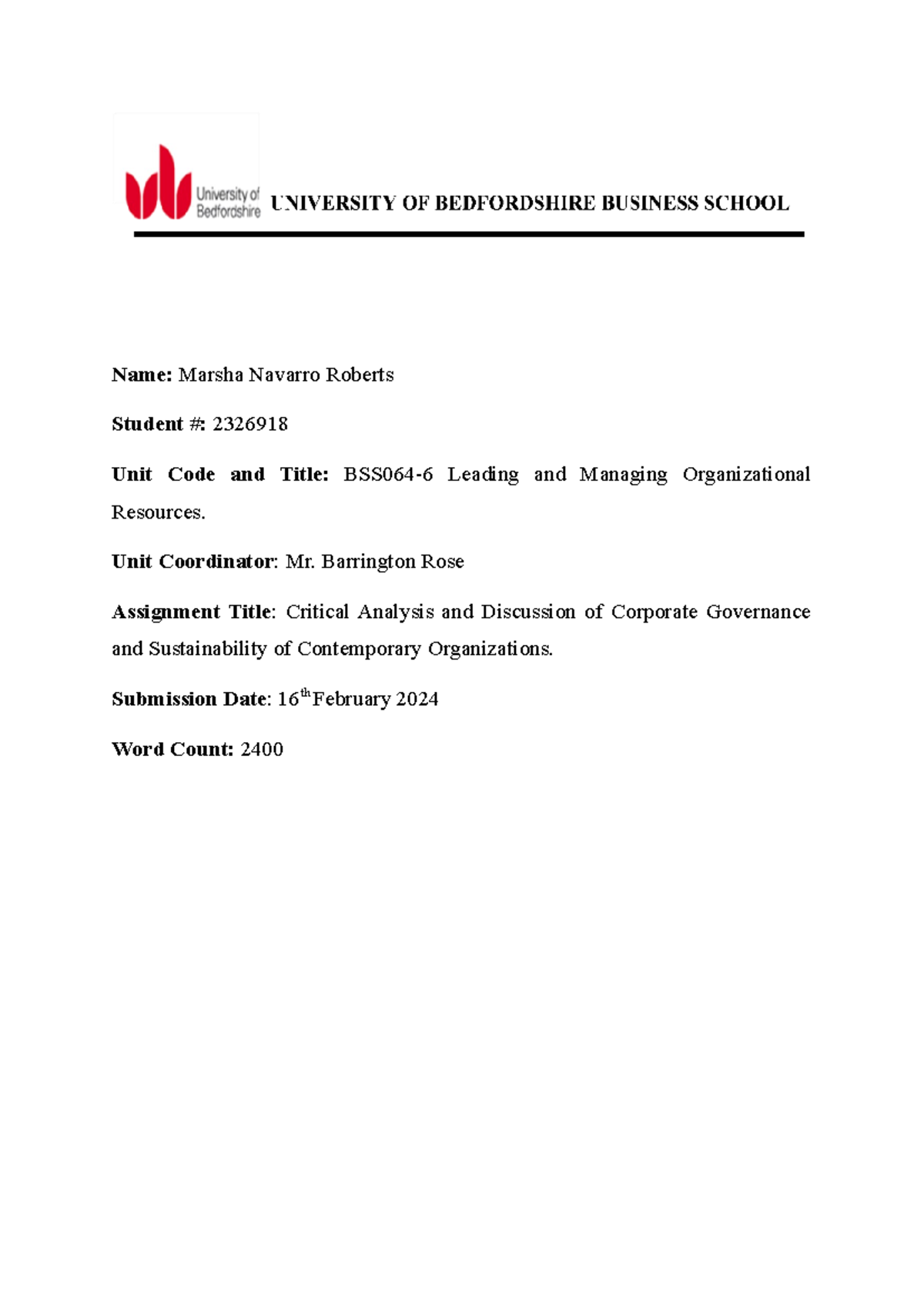 #2326918 Marsha Roberts LMOR- Assignment 1 - Name: Marsha Navarro ...