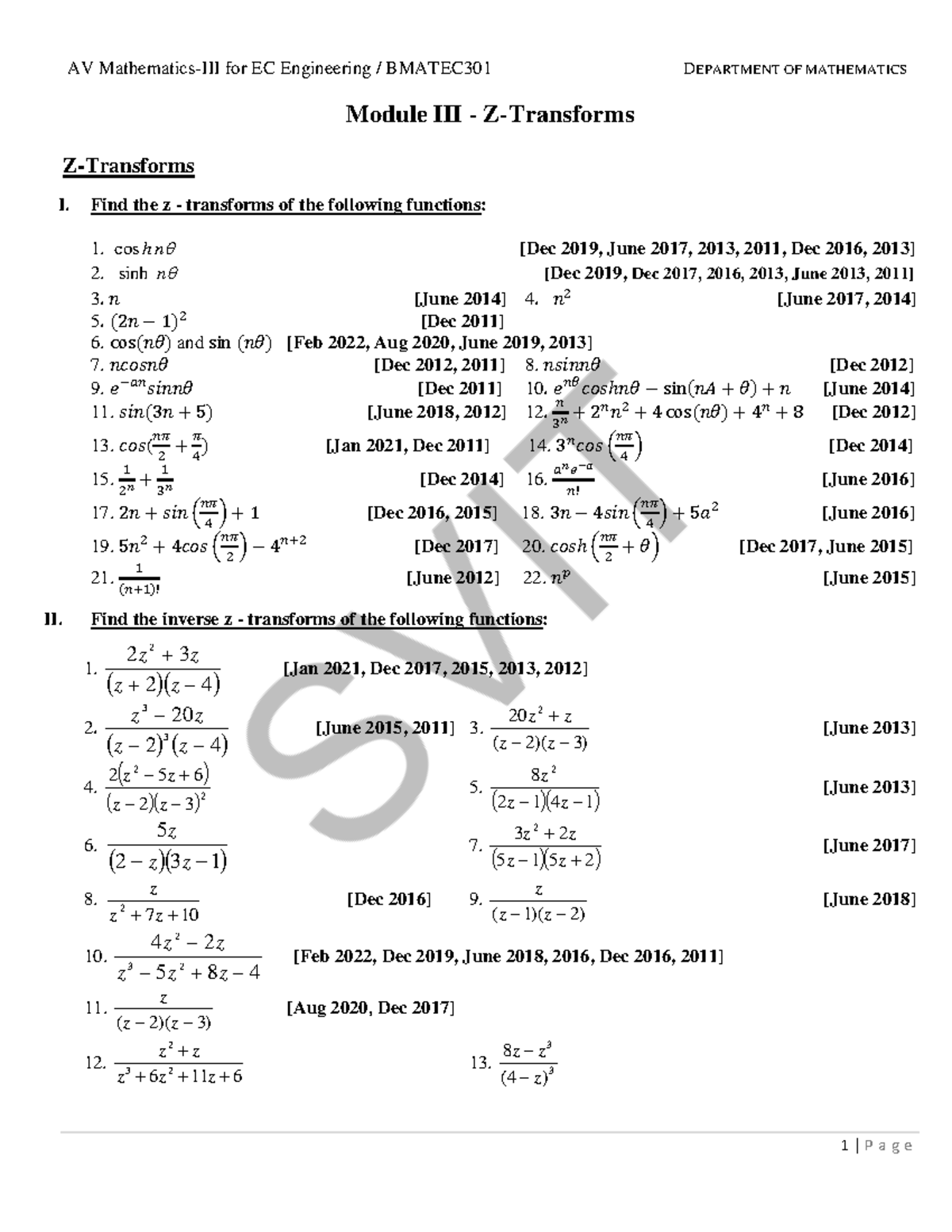 Module 3 - Z-Transforms - AV Mathematics-III for EC Engineering / BMATEC301 DEPARTMENT OF - Studocu