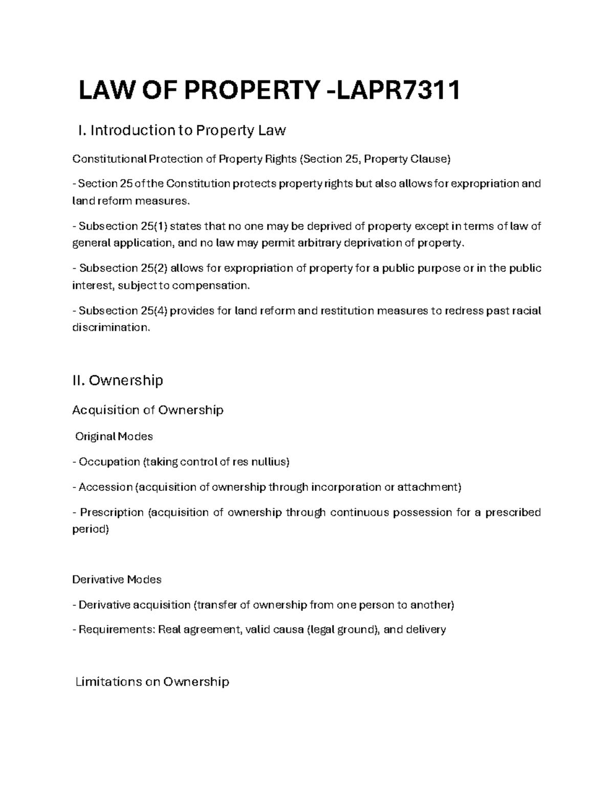 LAPR7311 Notes TSA KA - LAW OF PROPERTY - LAPR I. Introduction to ...