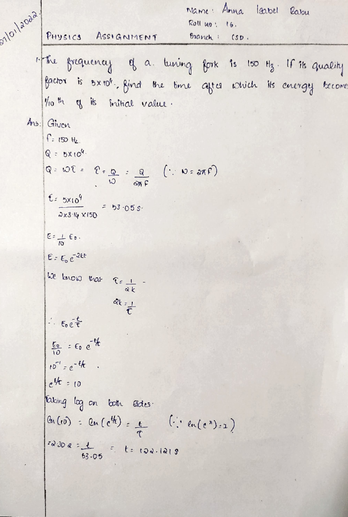 Physics Assignment 1 - Questions and answers - Namt Anna label eau Rotl ...