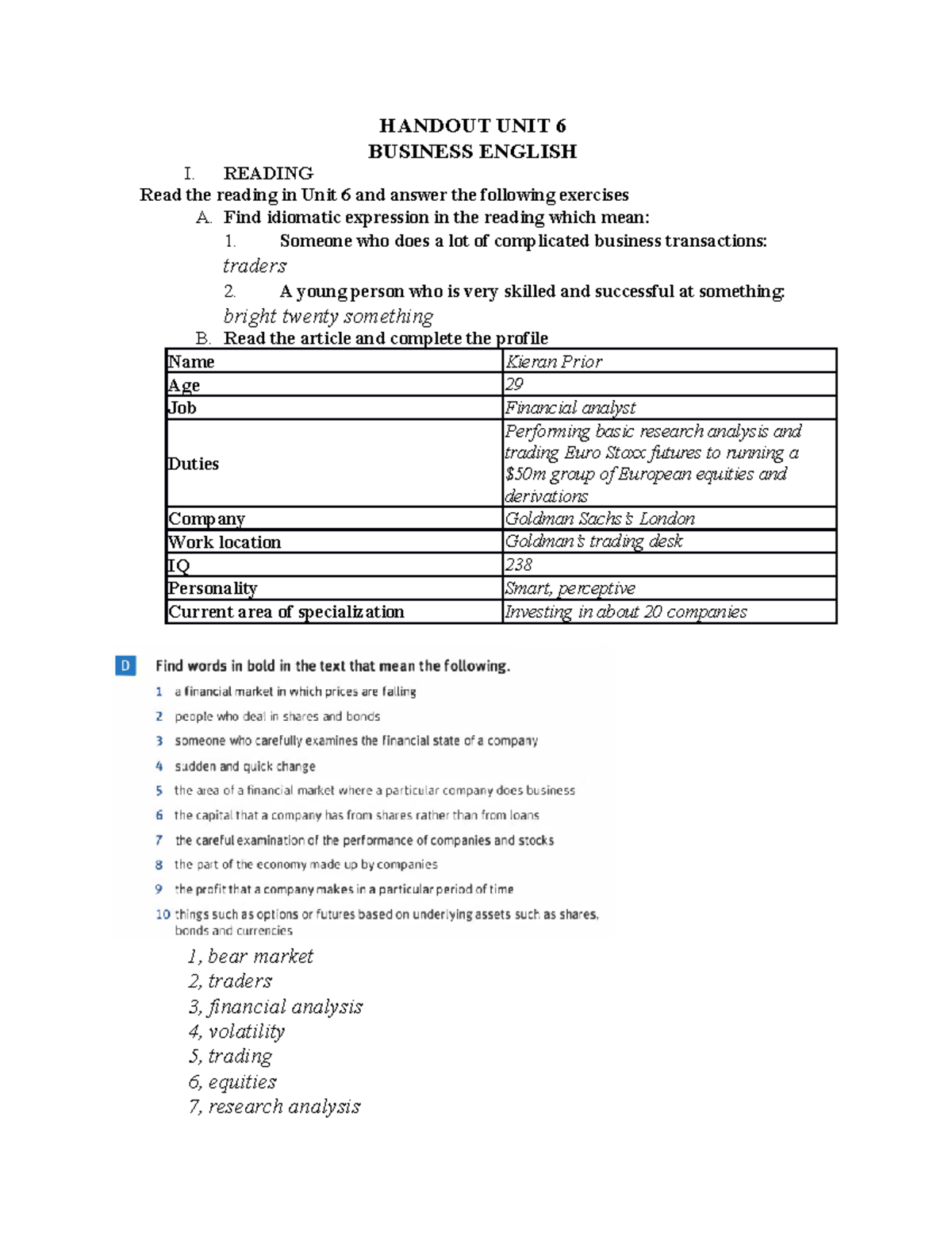 Handout UNIT 6 - HANDOUT UNIT 6 BUSINESS ENGLISH I. READING Read the ...