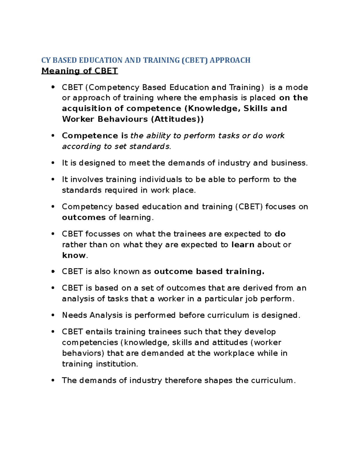 CBA Notes - CY BASED EDUCATION AND TRAINING (CBET) APPROACH Meaning of ...