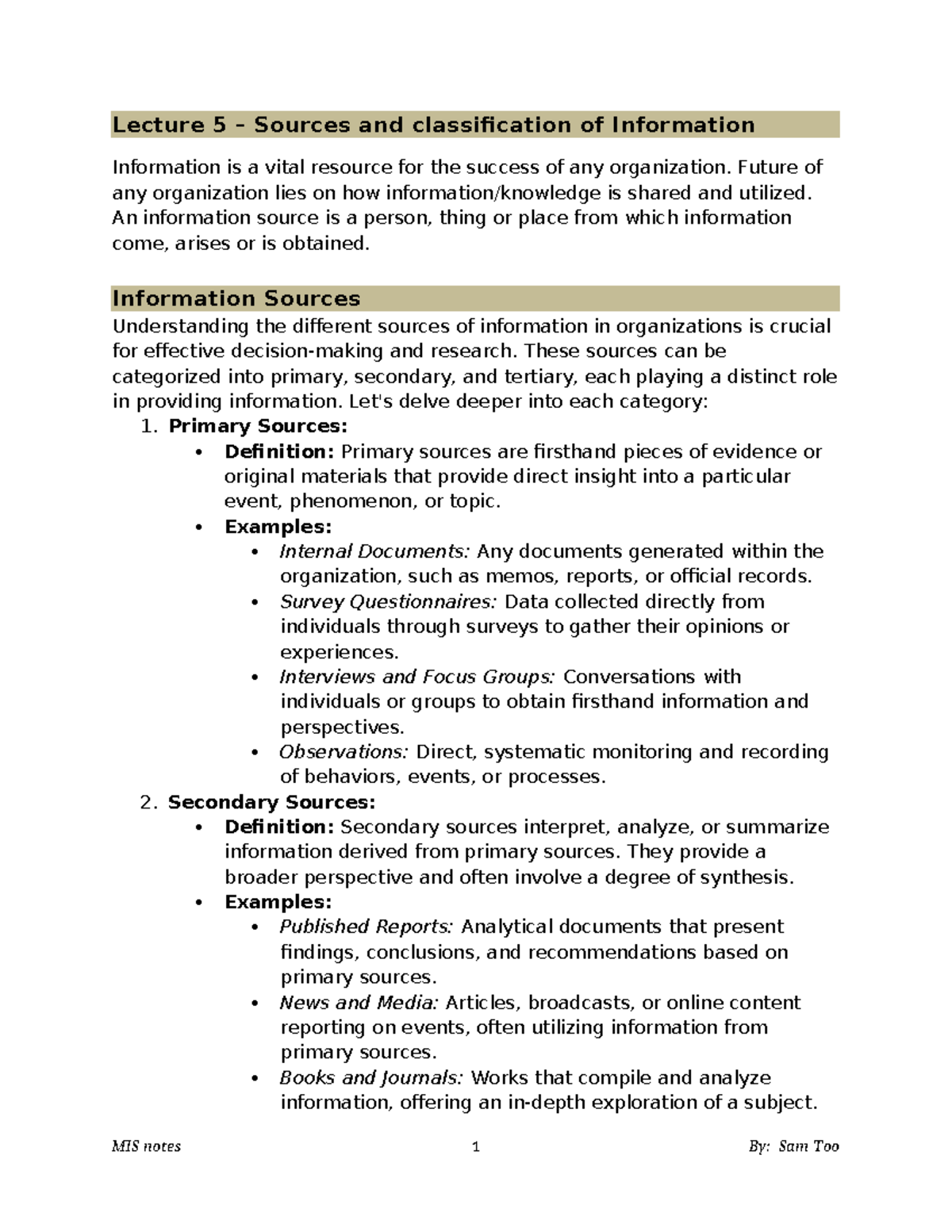 Lecture 5 - Sources and Classification of Information. docx MIS ...