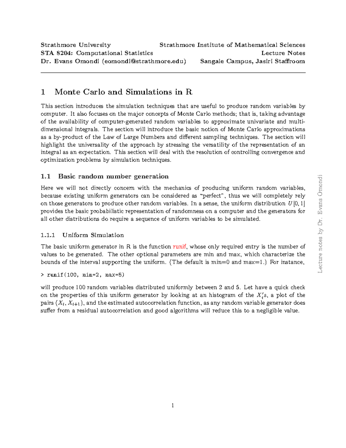 Monte Carlo and simulations in R - Lecture notes by Dr. Evans Omondi ...