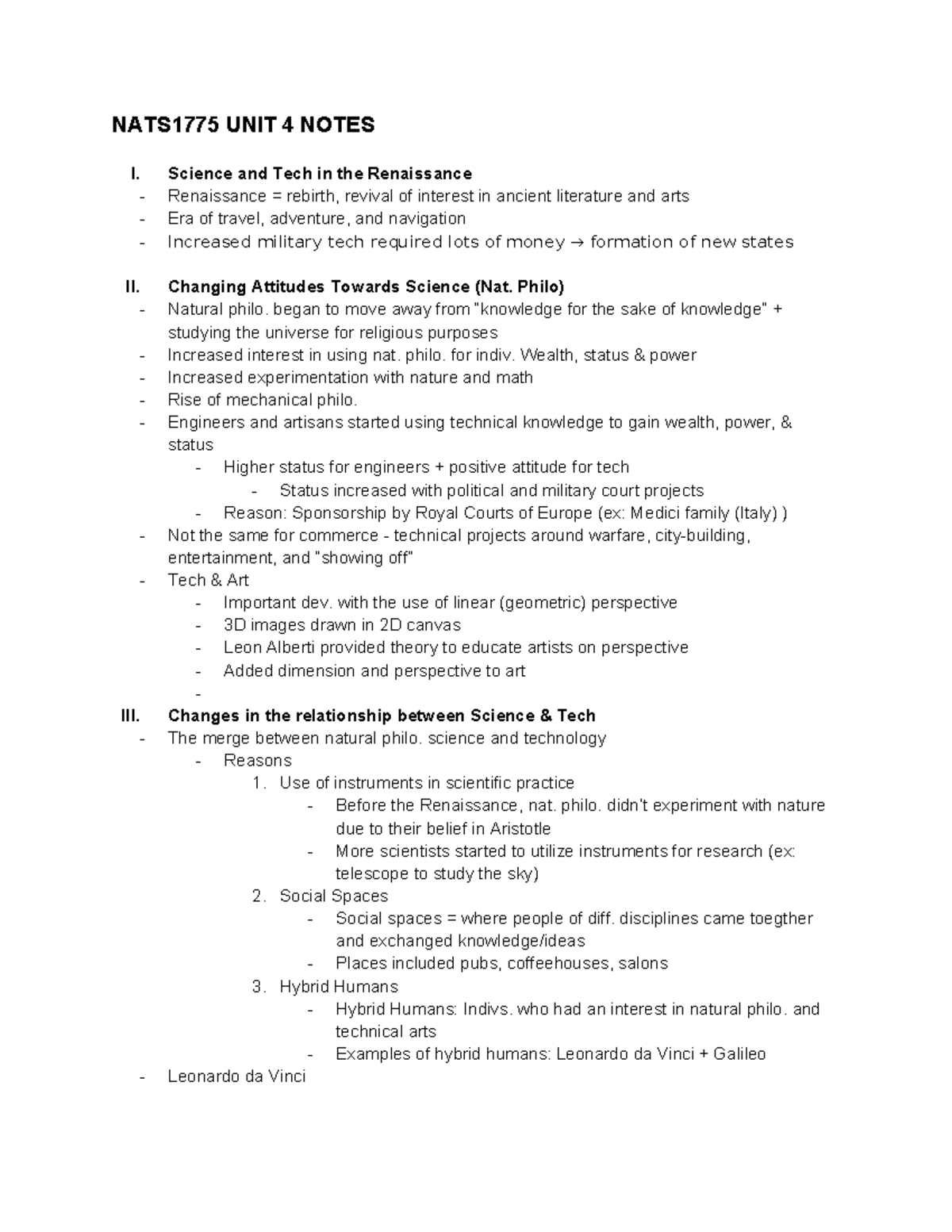 NATS1775 UNIT 4 Notes - NATS1775 UNIT 4 NOTES I. Science and Tech in ...