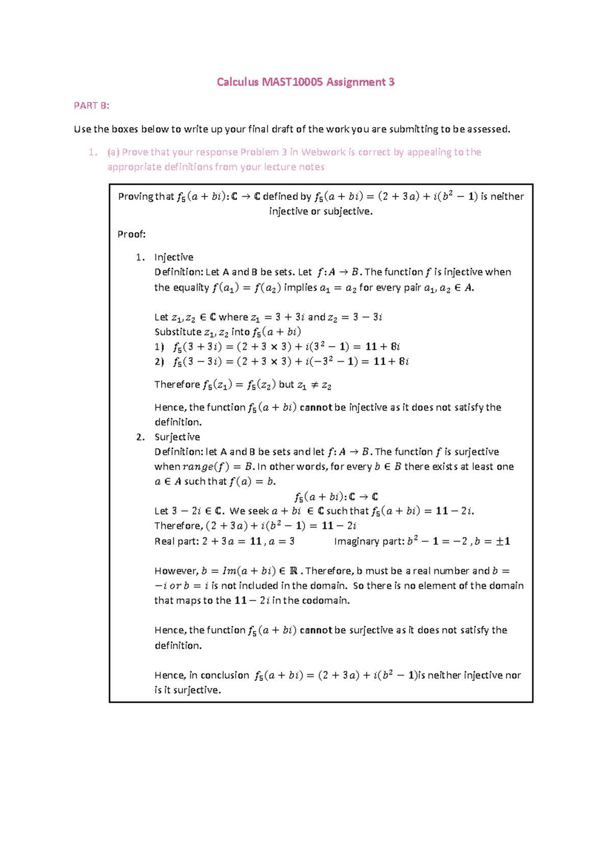 Calculus MAST10005 Assignment 3 - (a) Prove that your response Problem 3 in Webwork is correct ...