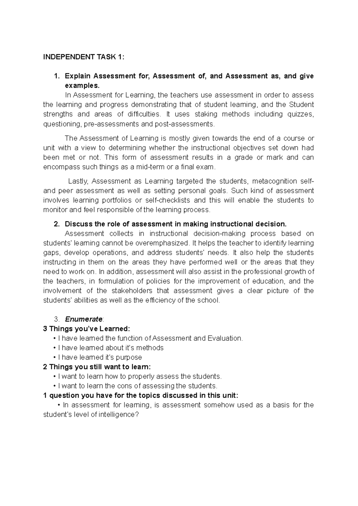 Assessment 107 - Reflective Essay - INDEPENDENT TASK 1: Explain ...