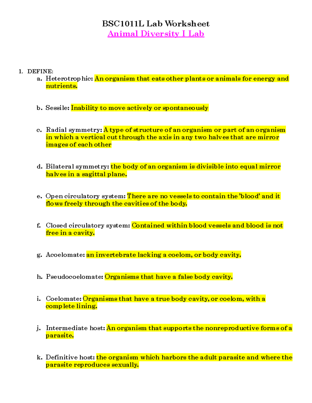 Animal Diversity I Worksheet - BSC1011L Lab Worksheet Animal Diversity ...