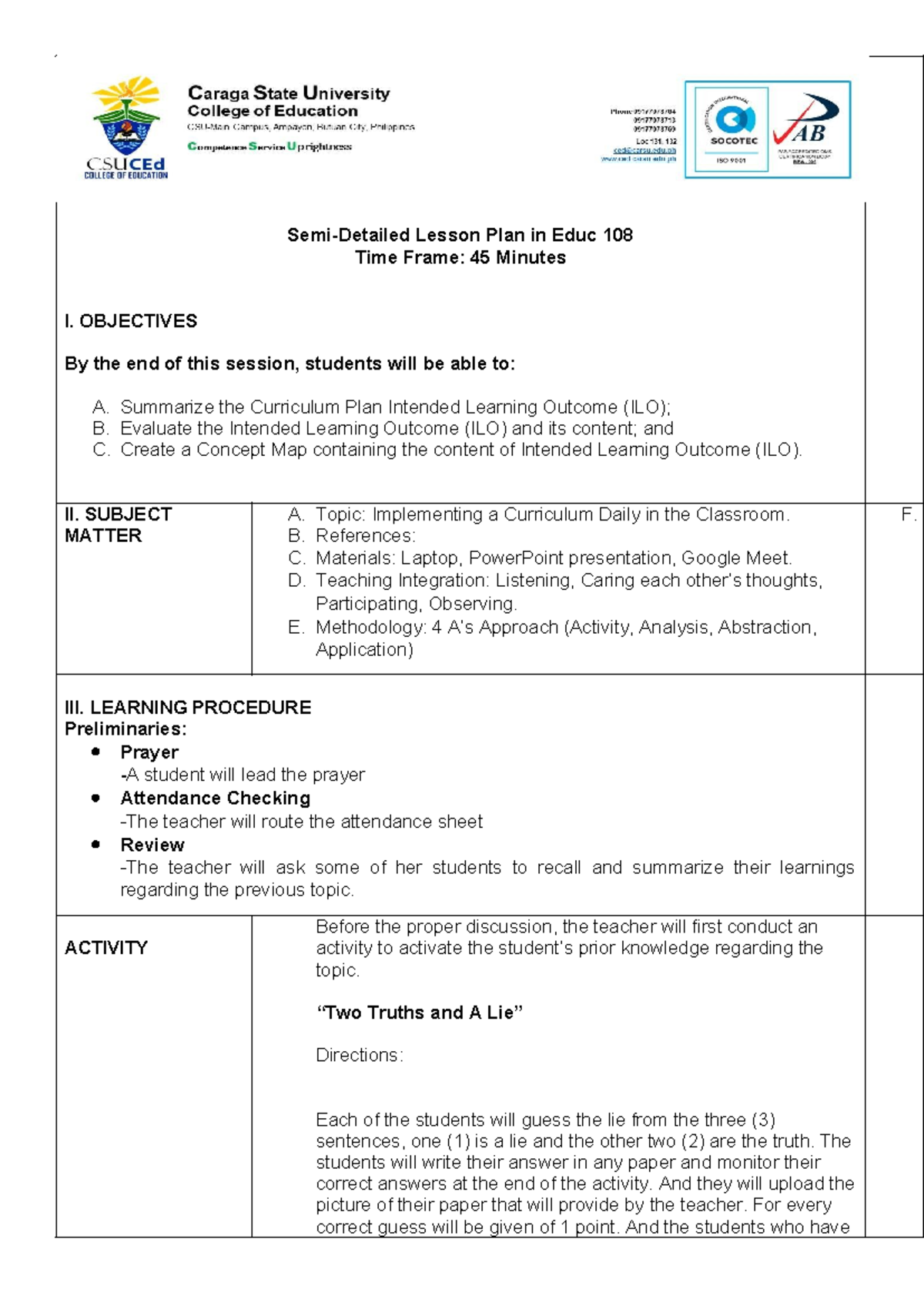F Lesson plan initial plan - Semi-Detailed Lesson Plan in Educ 108 Time ...