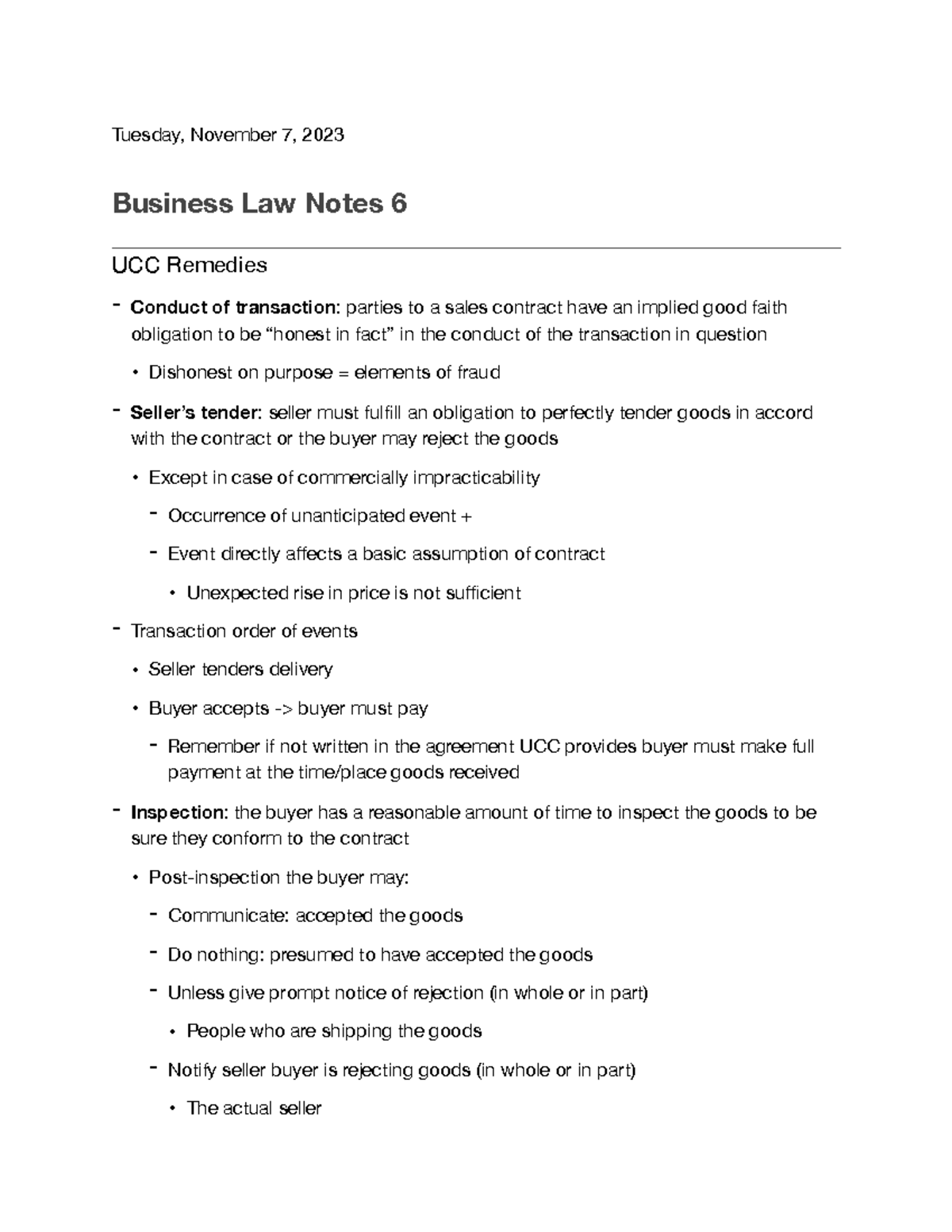 Business Law Notes 6 - Tuesday, November 7, 2023 Business Law Notes 6 ...