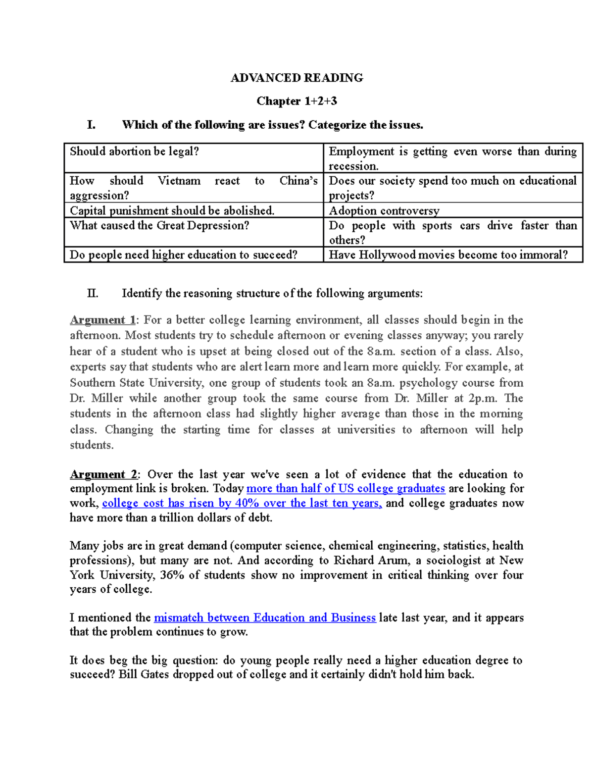 Chapter 1, 2, 3 - nothing - ADVANCED READING Chapter 1+2+ I. Which of ...