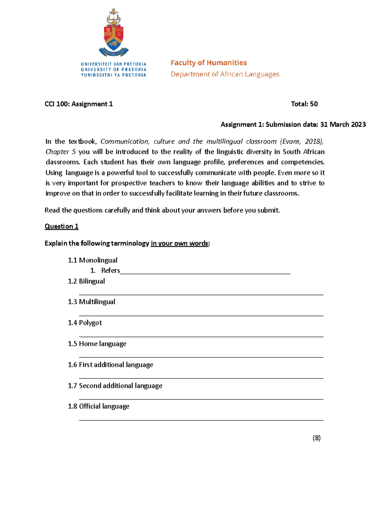 CCI 100 Assignment 1 (1) - CCI 100: Assignment 1 Total: 50 Assignment 1 ...