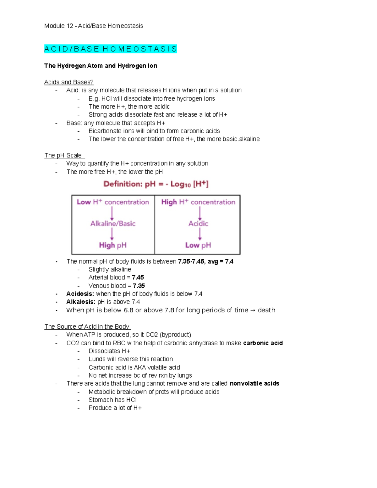 Physiol 2130 - Module 12 Acid Base Homeostasis - A C I D / B A S E H O ...
