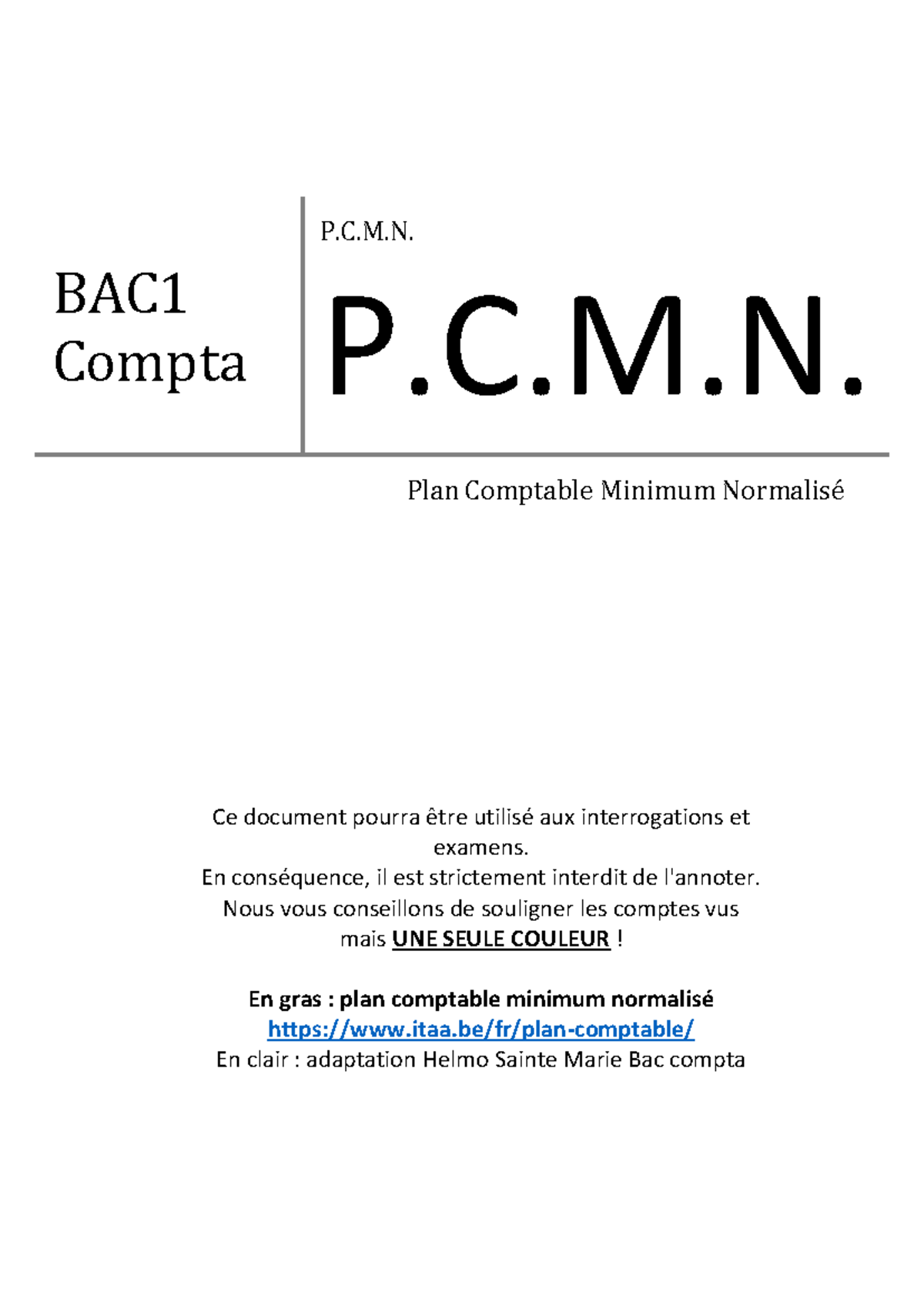 PLAN Comptable 2023 ITAA adapt Ã© - BAC Compta P.C.M. P.C.M. Plan Comptable Minimum Normalisé Ce ...