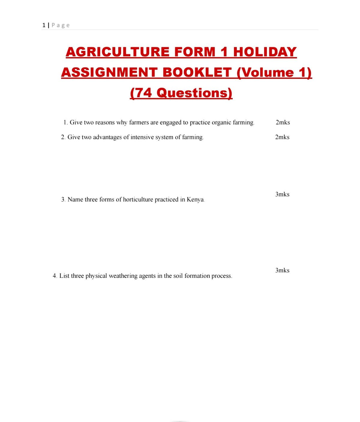 Assign Assignments - Form 2 - Agriculture - 1 Page AGRICULTURE FORM 1 HOLIDAY ASSIGNMENT BOOKLET ...