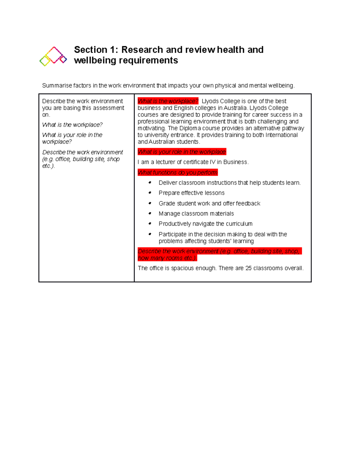 WHS 1 - assessment - Section 1: Research and review health and ...