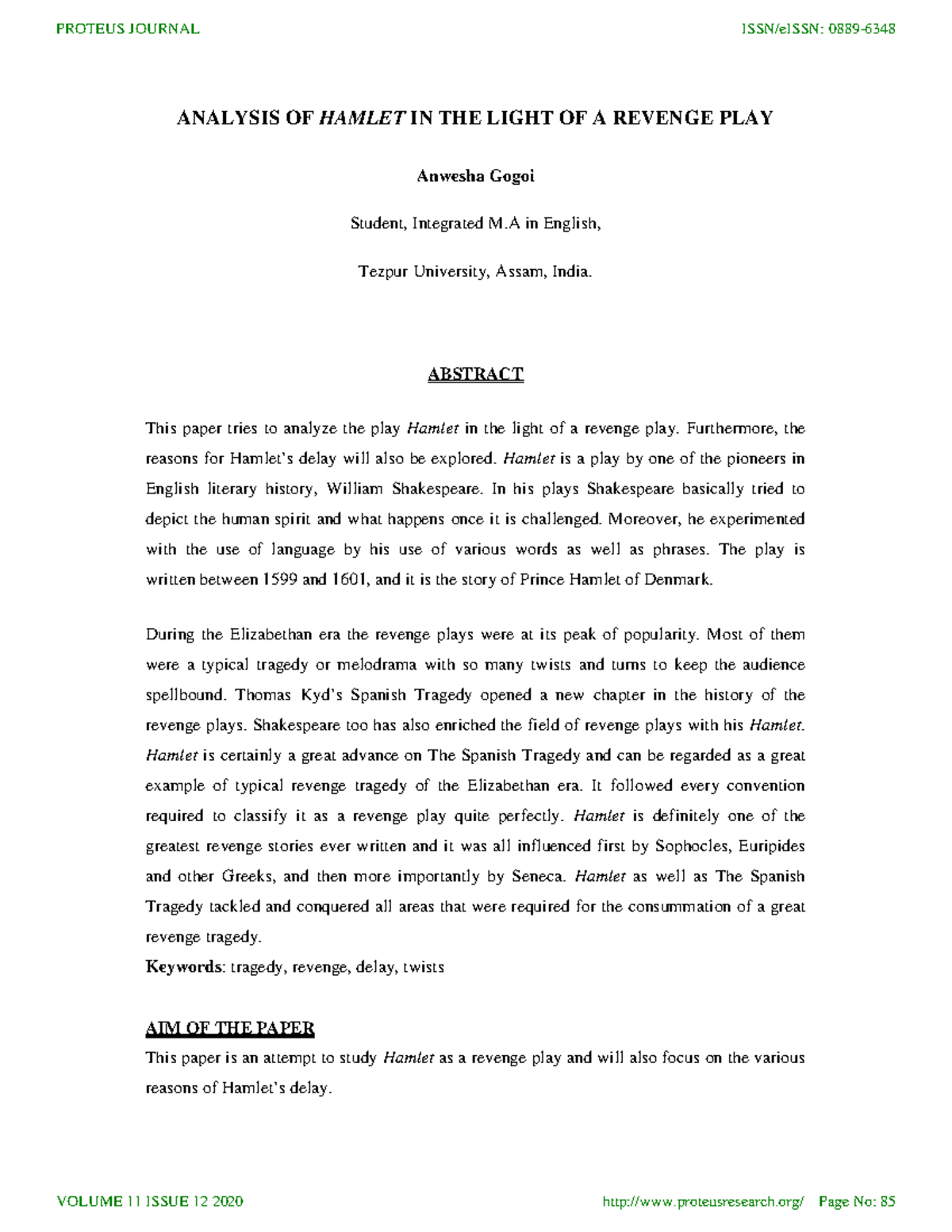 Hamlet As A Revenge Tragedy ANALYSIS OF HAMLET IN THE LIGHT OF A
