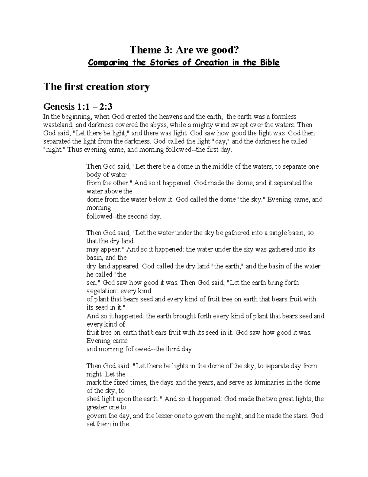 1.3.1c Comparing the Stories of Creation in the Bible - Theme 3: Are we ...