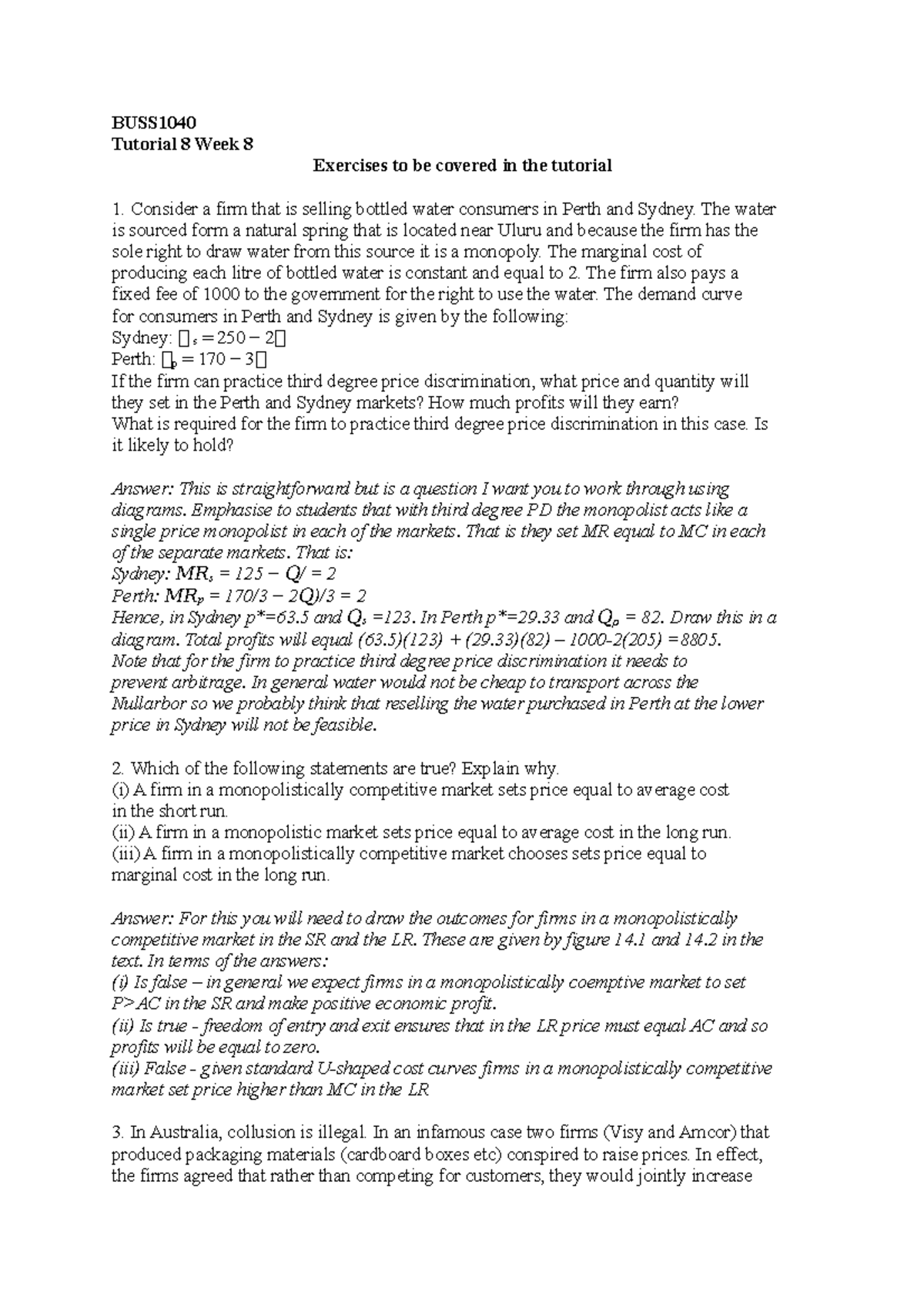 BUSS1040 Tutorial 8 with answers - BUSS Tutorial 8 Week 8 Exercises to be covered in the ...