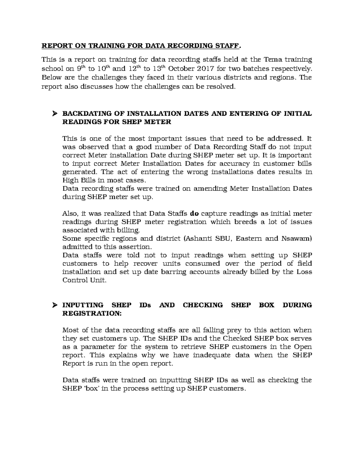 Report ON Training FOR DATA Recording Staff - REPORT ON TRAINING FOR ...