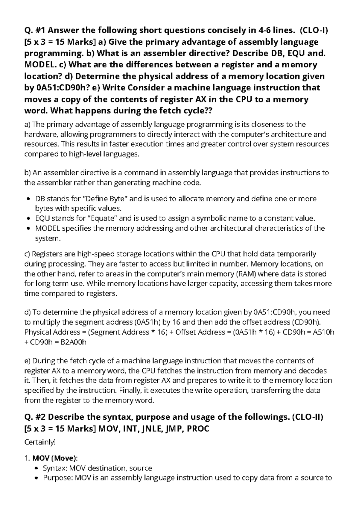 Assembly Language Advantages & Basics - Q. #1 Answer the following ...