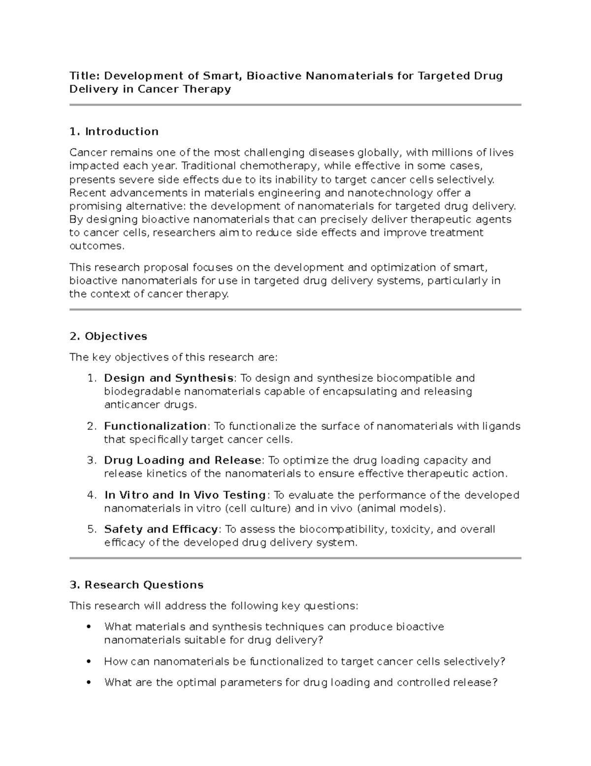 Research proposal - Title: Development of Smart, Bioactive ...