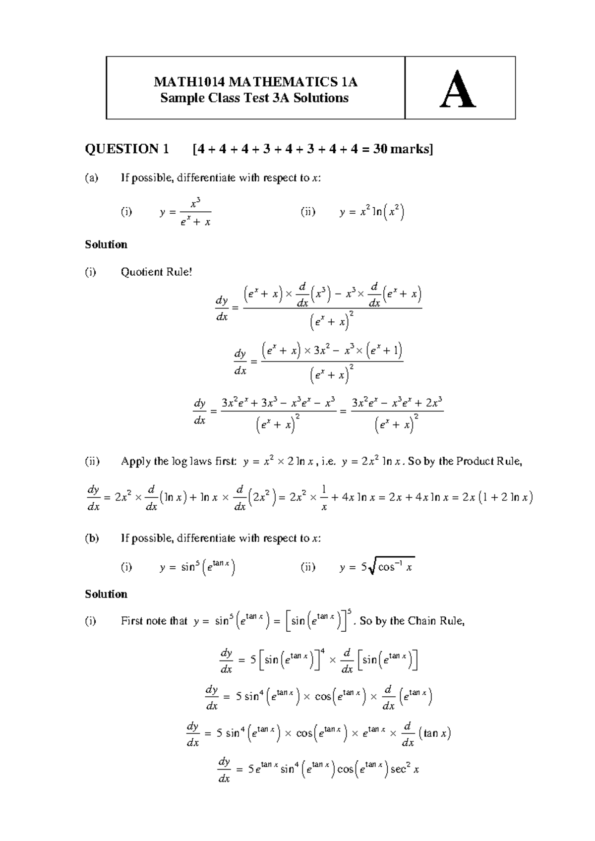 Mathematics 1A Sample Class Test 3 Solutions - MATH1014 MATHEMATICS 1A ...