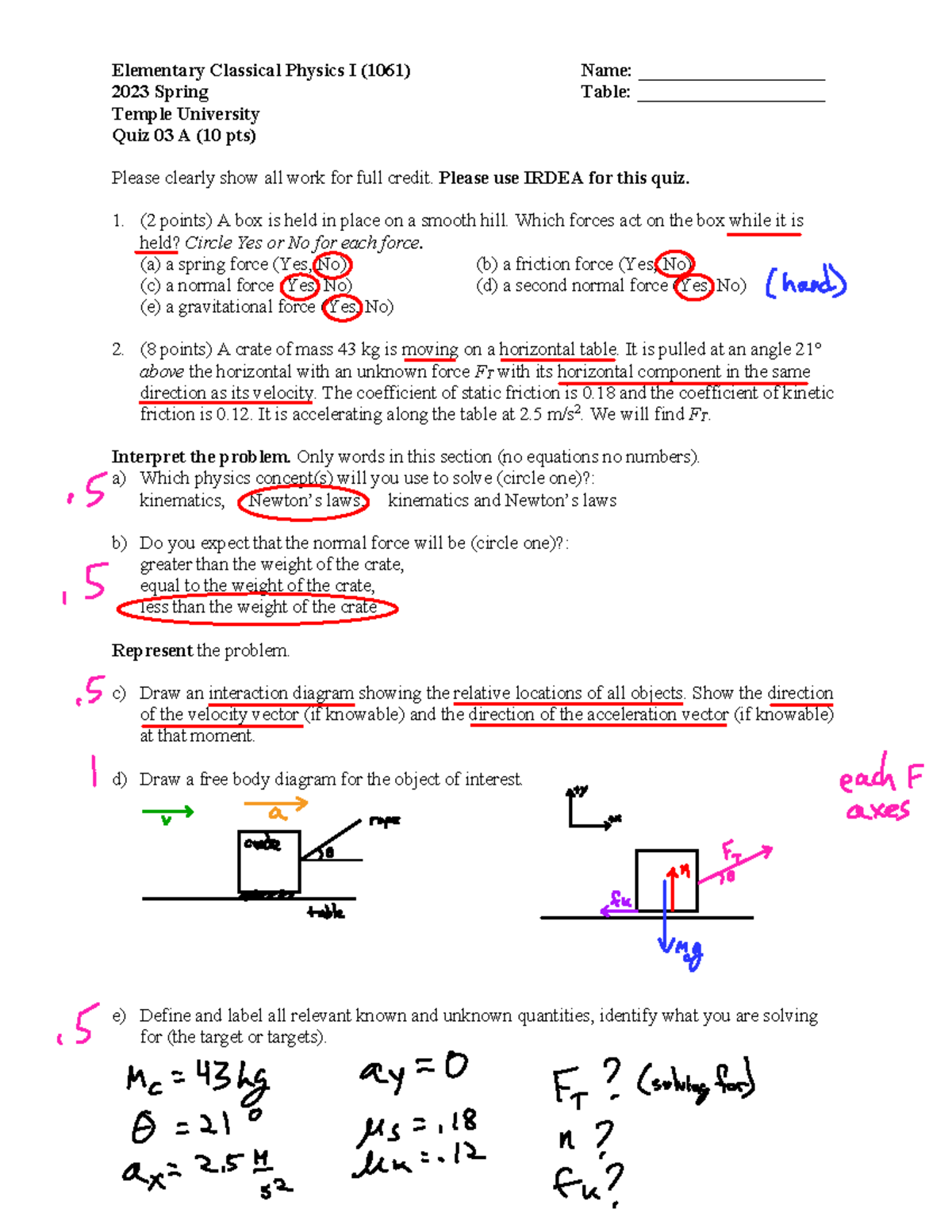 1061-23S-Quiz03-A1to4 soln - Elementary Classical Physics I (1061) Name