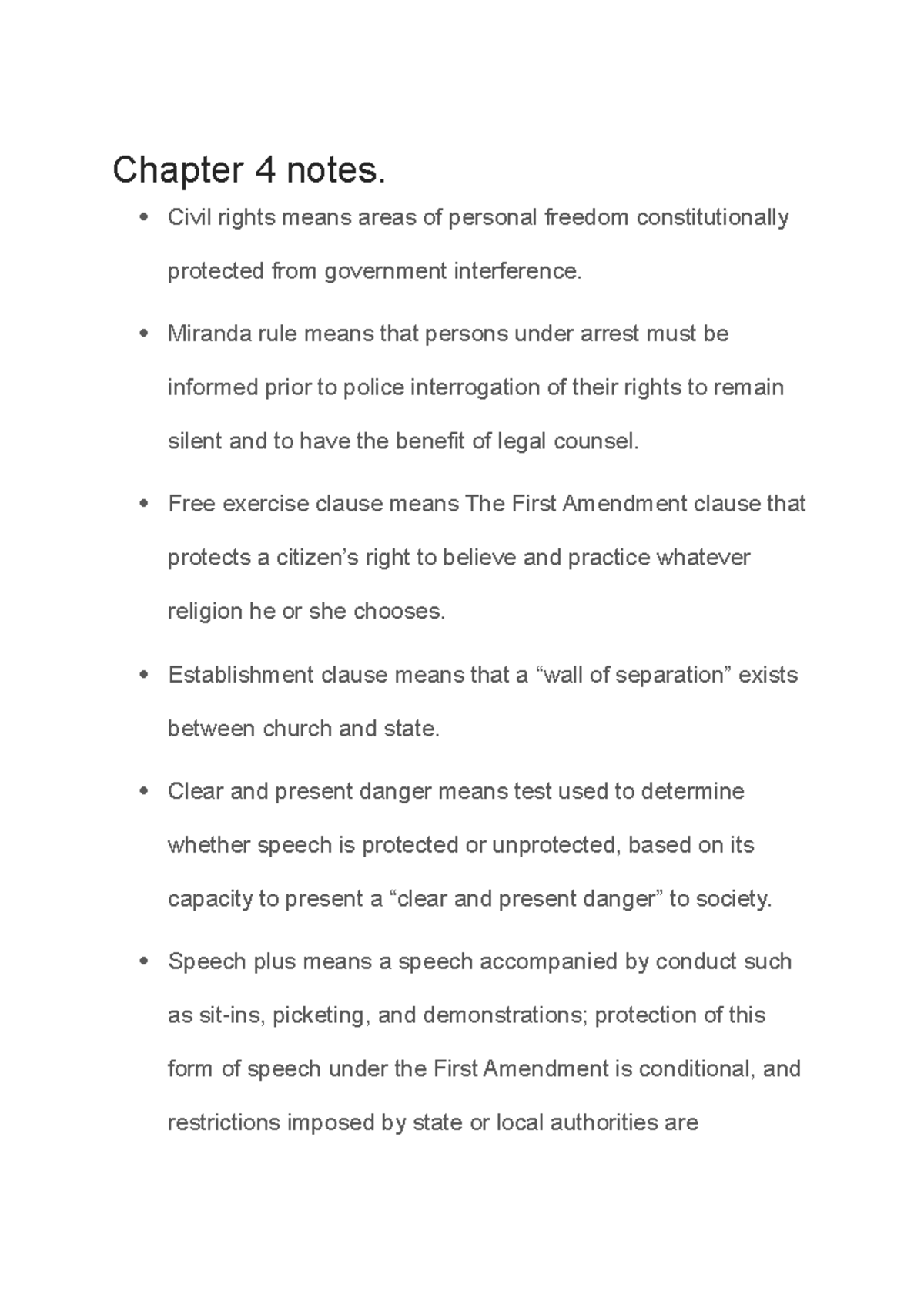 Chapter 4 notes - Chapter 4 notes. Civil rights means areas of personal ...