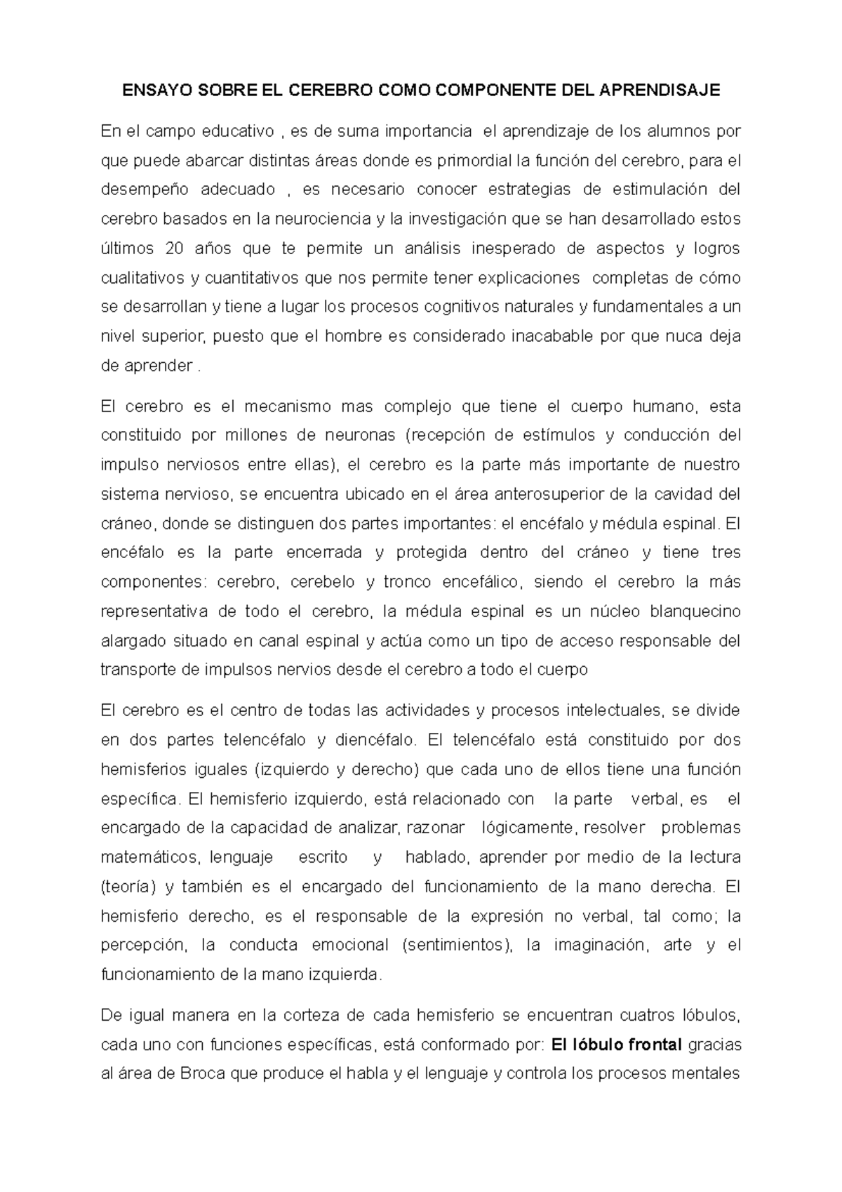 Ensayo DE Jonathan Cutipa Condori - ENSAYO SOBRE EL CEREBRO COMO ...
