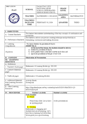February 07, 2024 - TO HELP - DAILY LESSON PLAN SCHOOL TAGAYTAY CITY ...