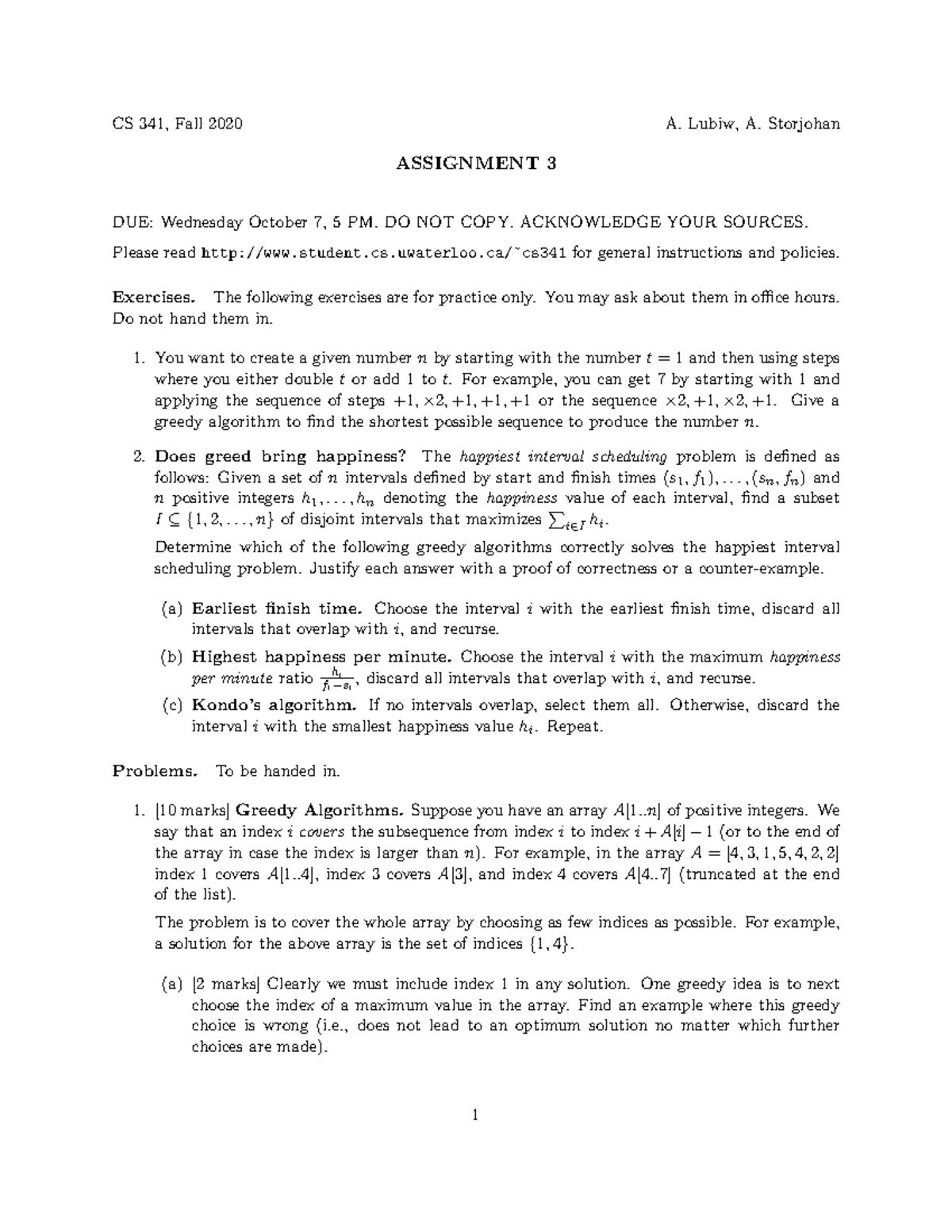 CS341 Assignment 3 Fall 2020 - CS 341, Fall 2020 A. Lubiw, A. Storjohan ASSIGNMENT 3 DUE ...