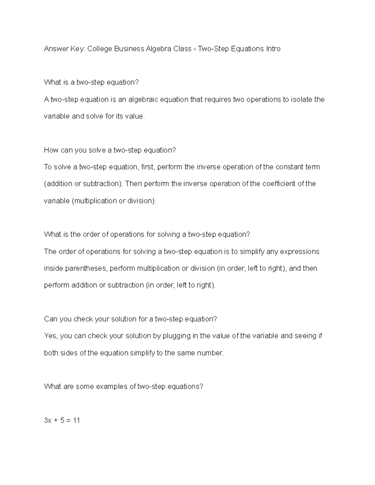 Answer Key College Business Algebra Class - Two-Step Equations Intro ...